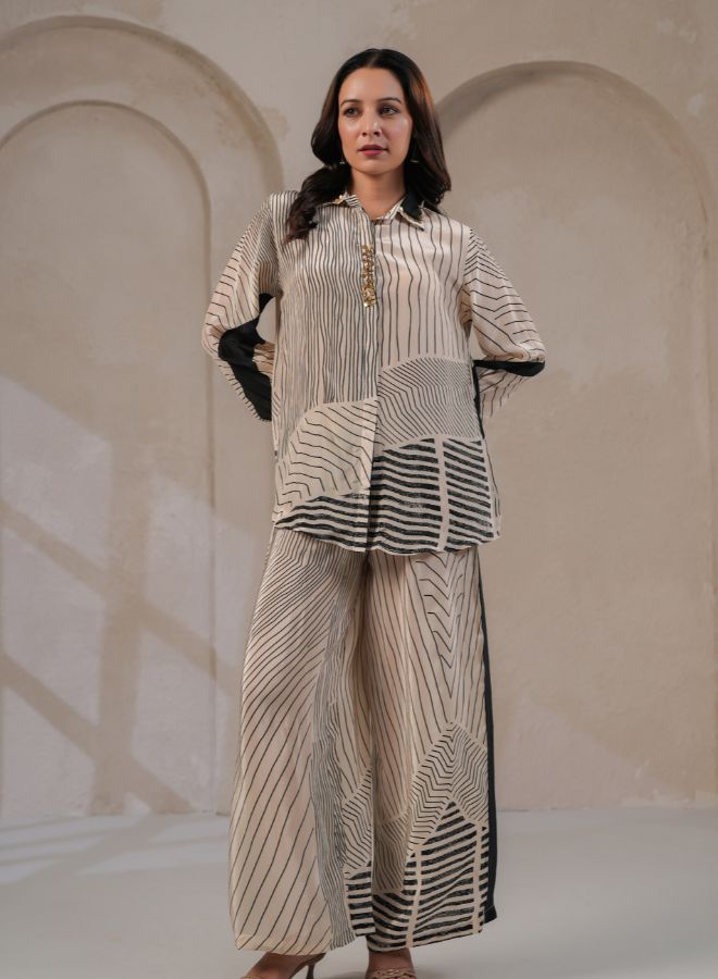 Beige Striped Coord Set for Women